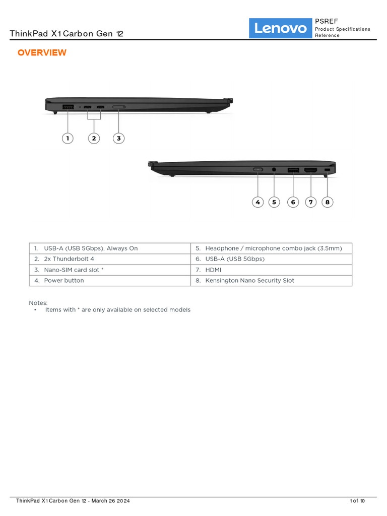 ThinkPad X1 Carbon Gen 12 Spec | PDF | Wi Fi | Usb
