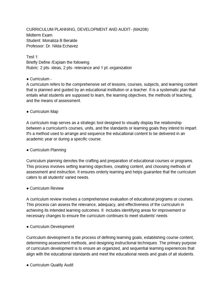 Midterm Exam in Curriculum Planning | PDF | Curriculum | Educational Assessment