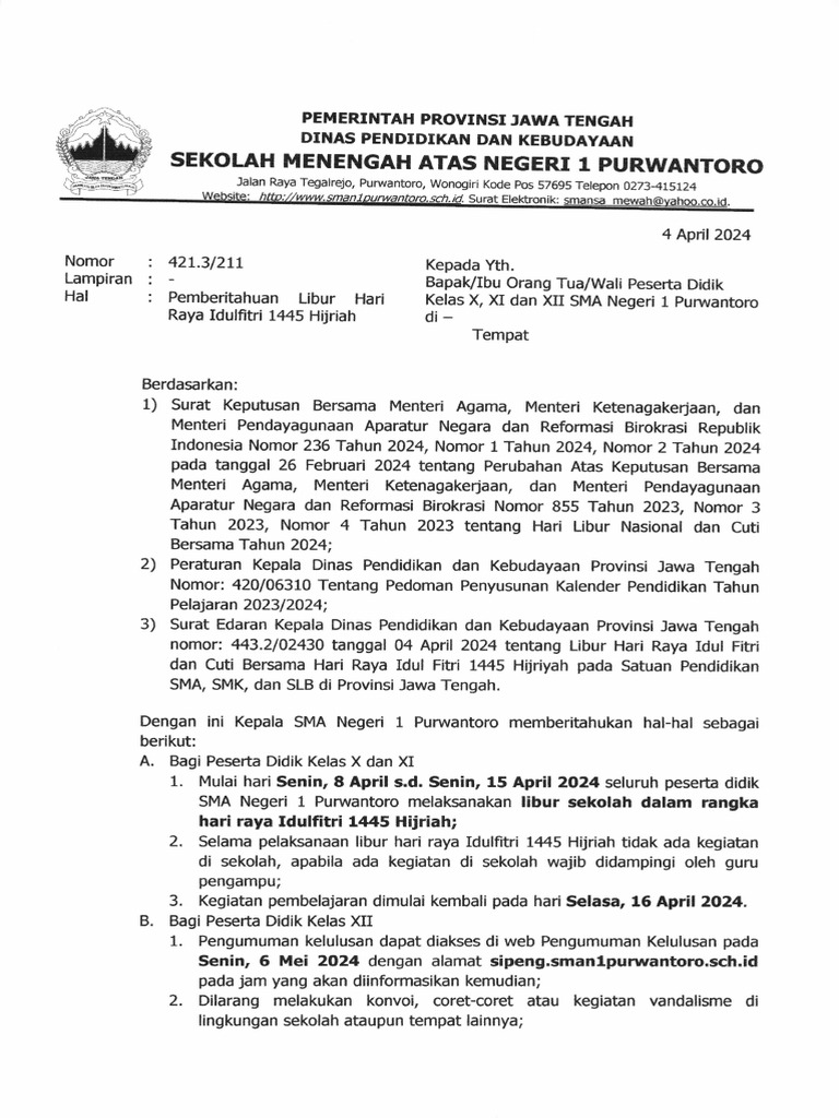 Pemberitahuan Libur Hari Raya Idulfitri 14445 H-SMA N 1 Purwantoro ...