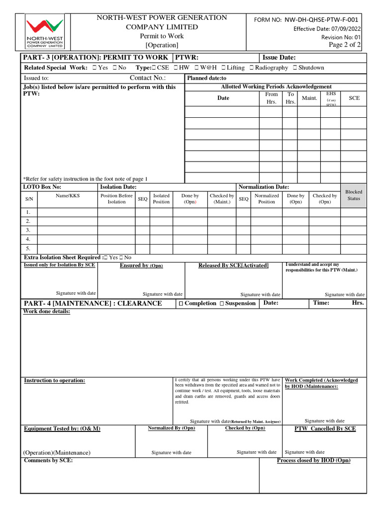 Power Generation Permit to Work Form | PDF | Safety
