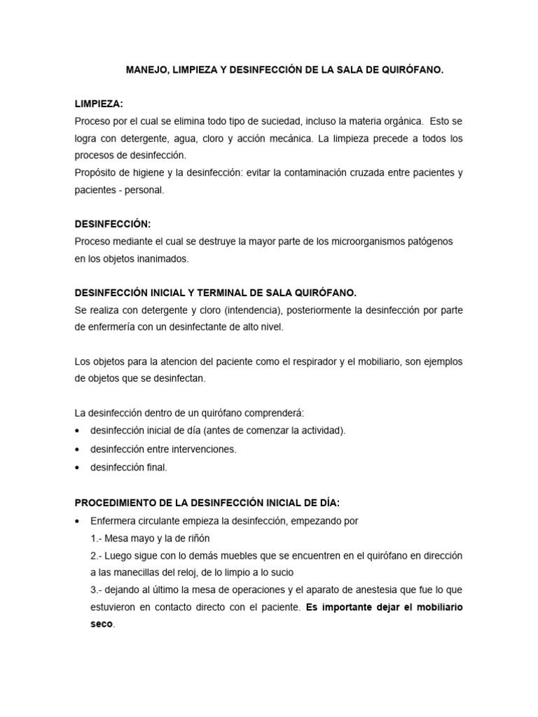 Limpieza y Desinfeccion de La Sala de Quirofano | PDF