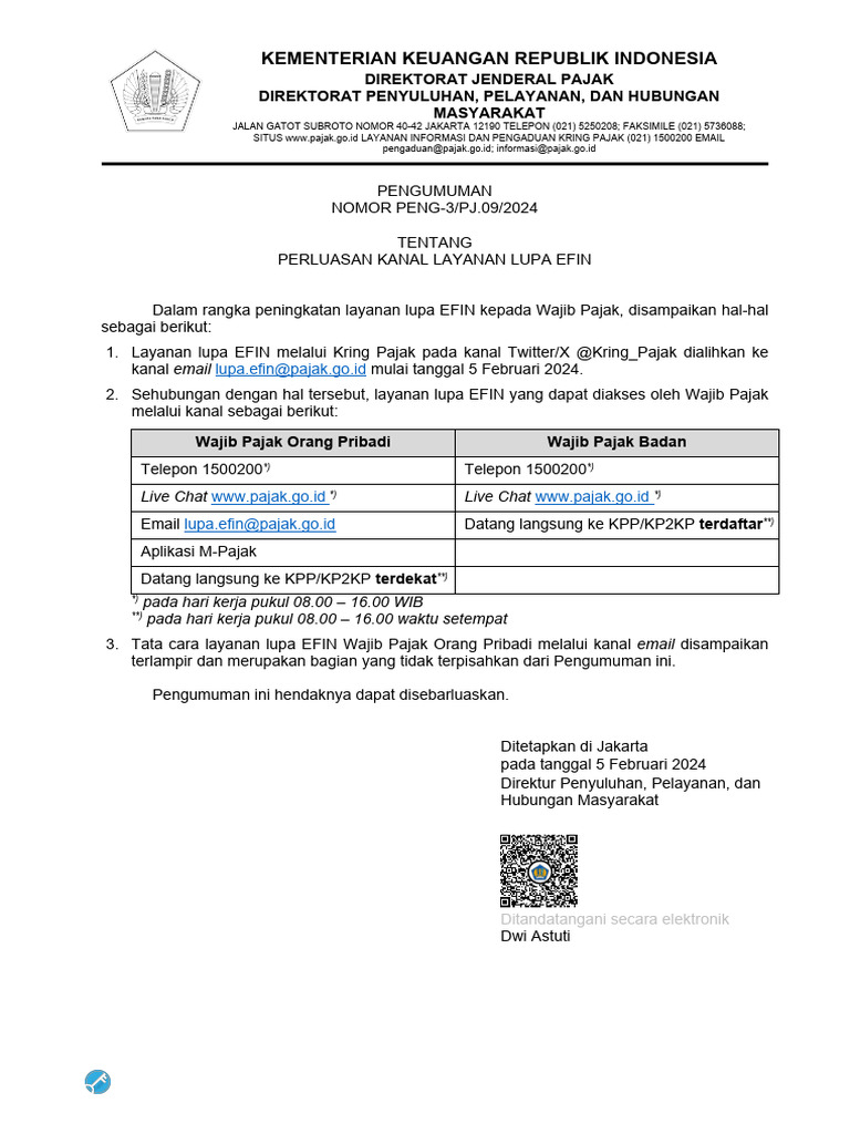 Perluasan Kanal Layanan Lupa EFIN - 0 | PDF