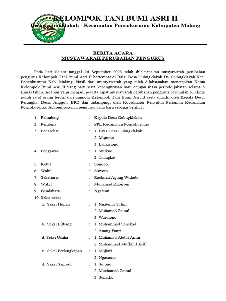 BERITA ACARA Pergantian Pengurus | PDF
