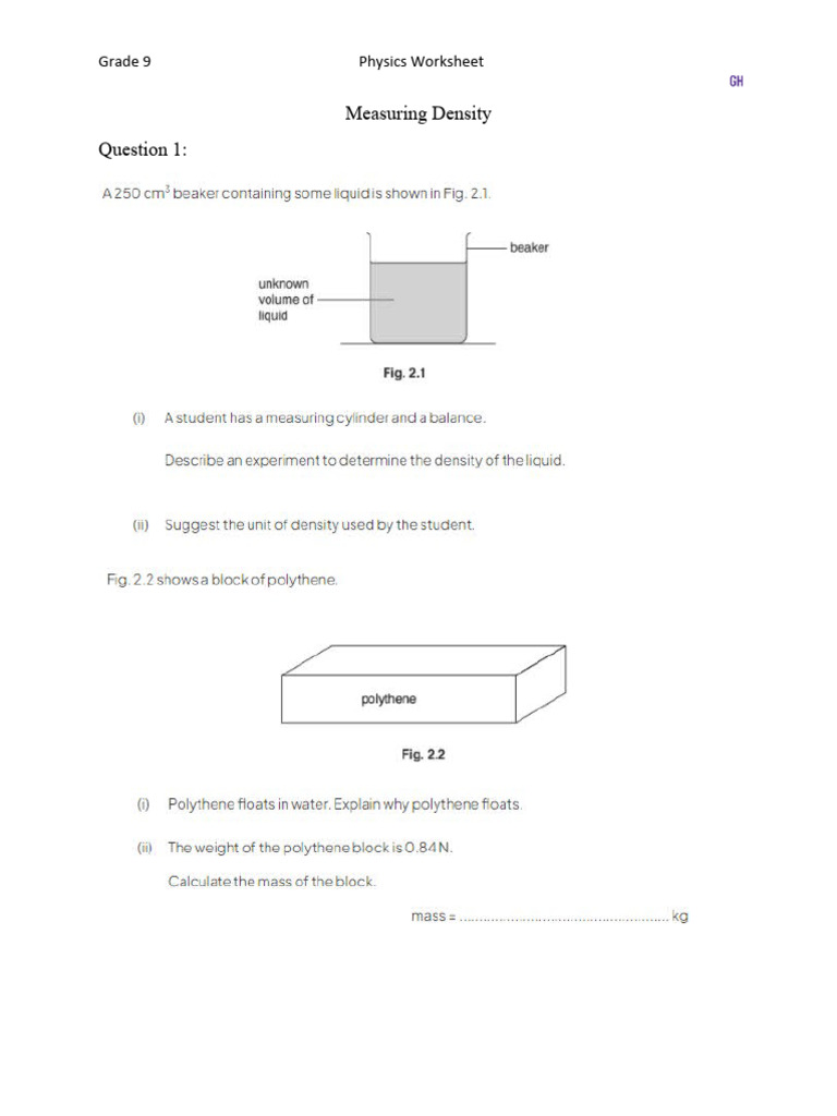 Grade 9 Physics: Density Worksheet | PDF