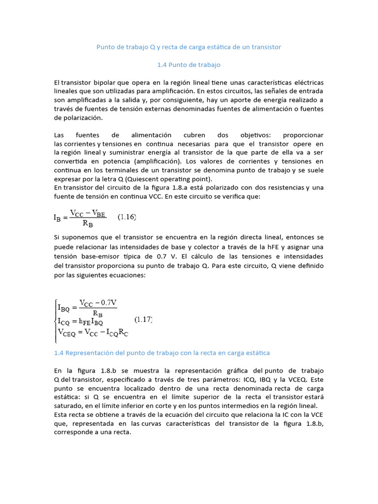 Punto de Trabajo Q y Recta de Carga Estática de Un Transistor | PDF | Transistor | Red eléctrica