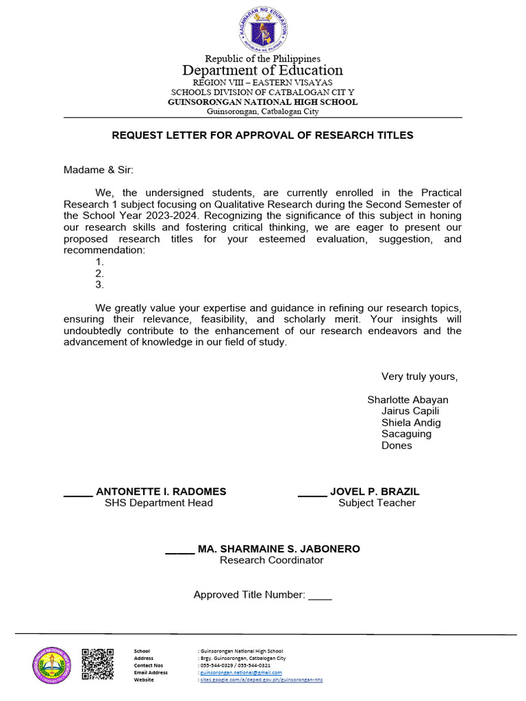 Research Title Approval Request Letter | PDF | Methodology | Learning