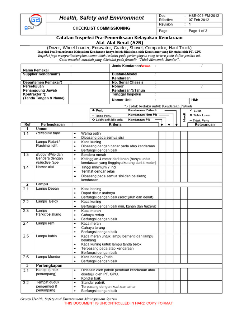 Checklist Kelayakan Kendaraan Alat Berat | PDF