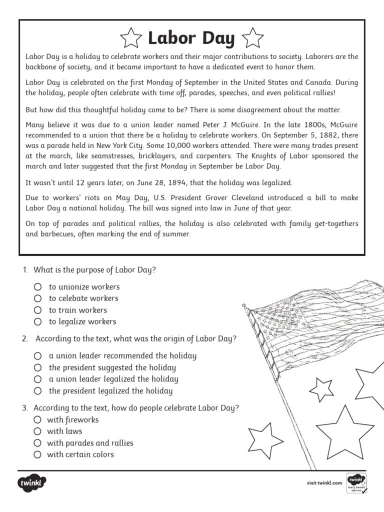 BW Fifth Grade Labor Day Reading Passage Comprehension Activity | PDF