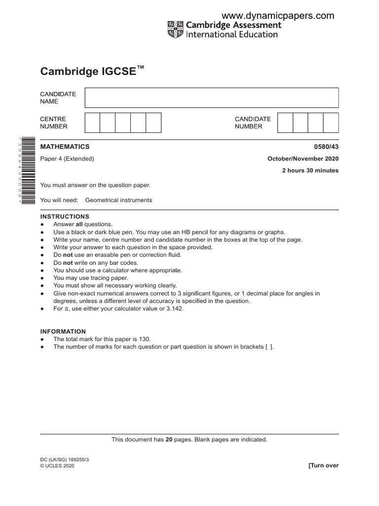 Igcse Mathematics 0580 43 Paper 4 Extended Oct Nov 2020 Pdf Copyright Area