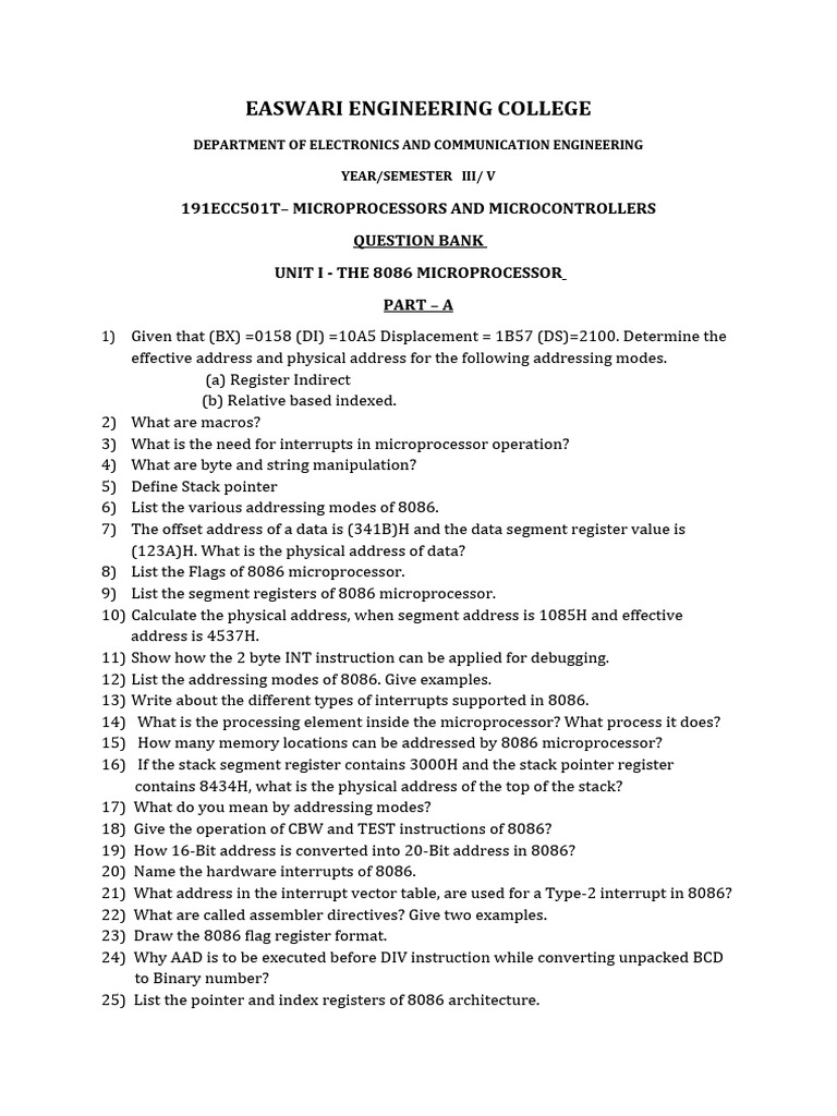 8086 Microprocessor Question Bank | PDF | Microcontroller | Central Processing Unit