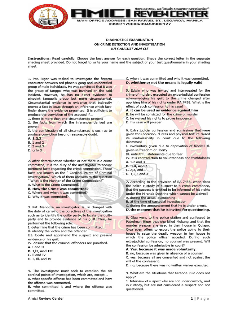 De-Cdi-July-Aug-2024-Ans. Key | Download Free PDF | Confession (Law) | Fires