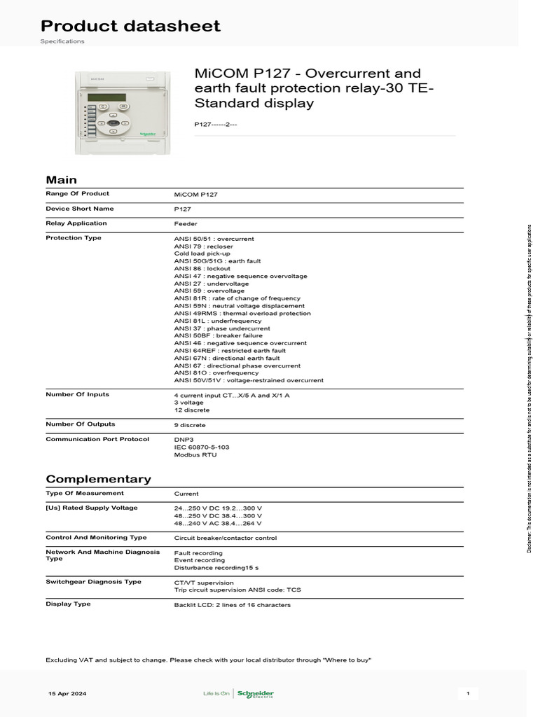 MiCOM P127 Relay: Overcurrent & Earth Fault Protection | PDF | Power (Physics) | Electrical ...