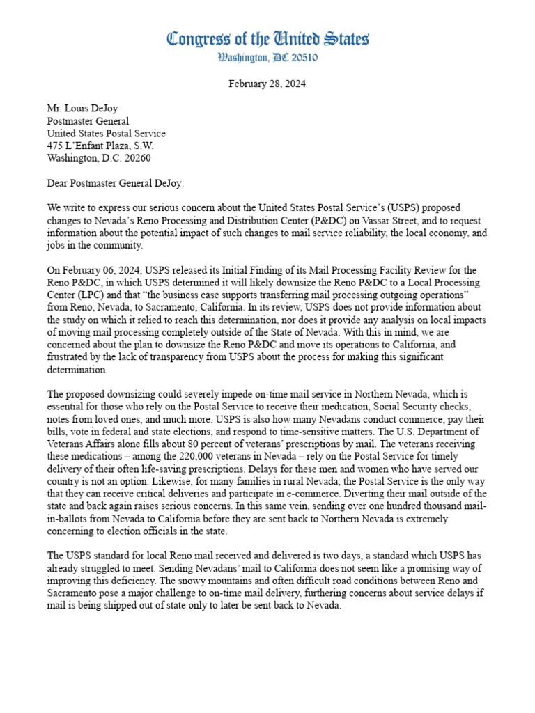 Senator Rosen Letter To Postmaster General DeJoy | PDF | United States ...