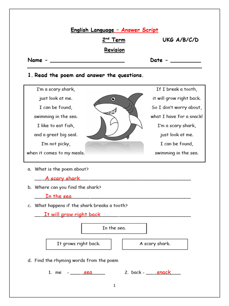 UKG English Worksheet: Scary Shark Poem | PDF | Grammar | Language ...