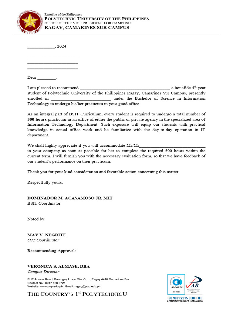 PUP Practicum Training Recommendation Form | PDF