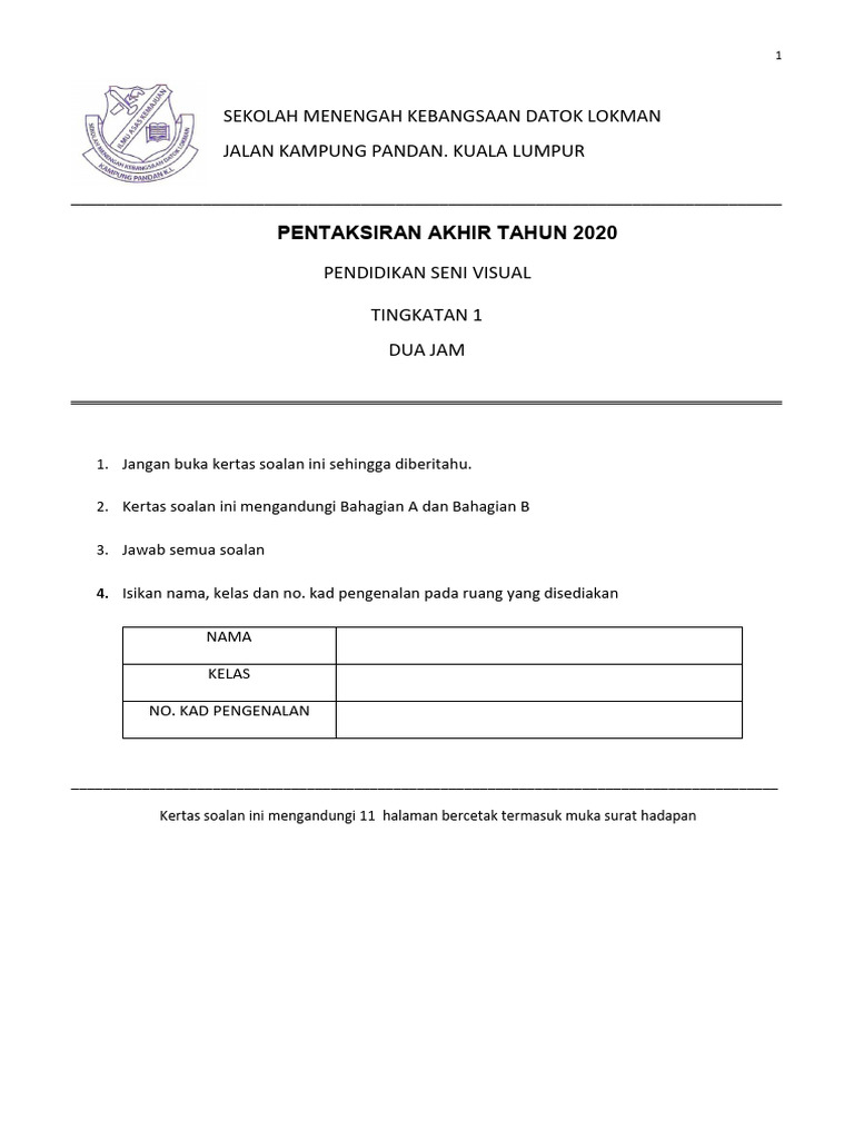 Peperiksaan Akhir Tahun Ting 1 2020 | PDF | Seni
