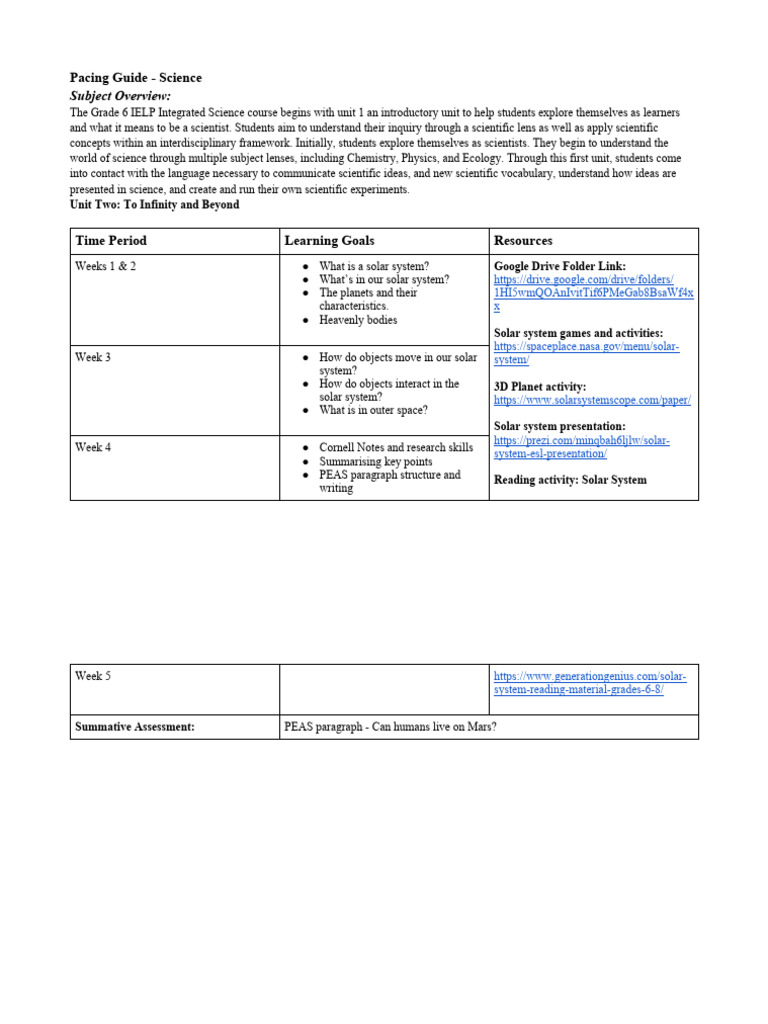 Unit 2 Pacing Guide - IELP Science | PDF | Science | Solar System