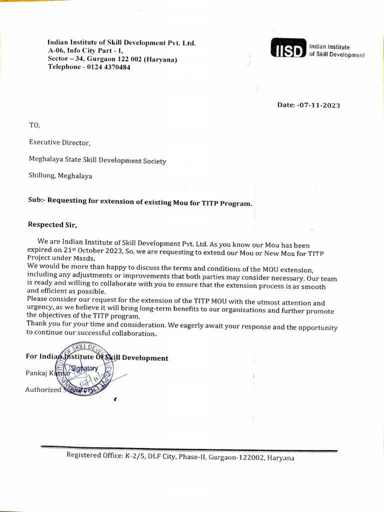 Letter For Extend Mou (TITP) | PDF