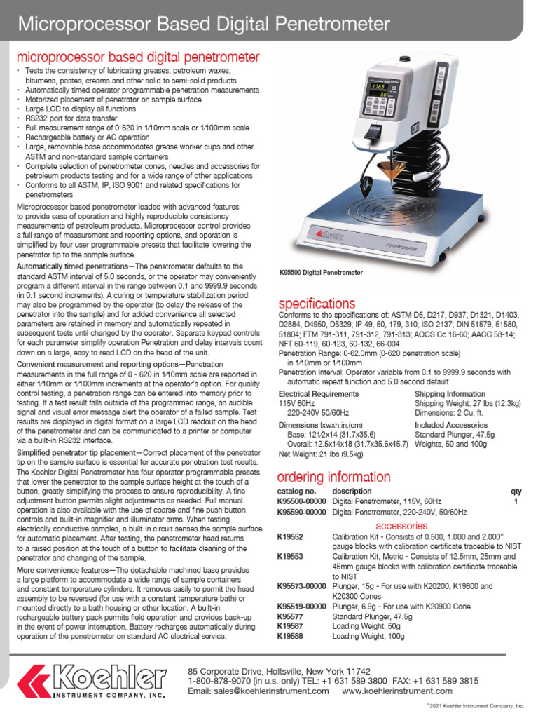 K95500, K95590, K95596 - Digital Penetrometer - Technical Datasheet | PDF | Calibration