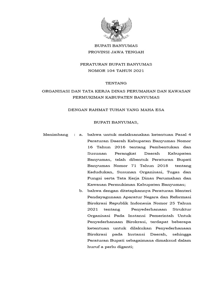 Perbup No 104 Tahun 2021 Tentang Sotk Dinperkim | PDF
