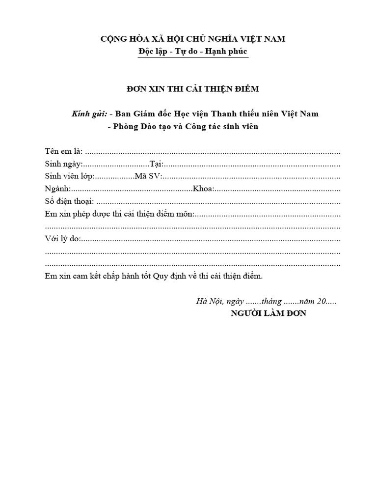 Mau Don Xin Thi Cai Thien Diem | PDF