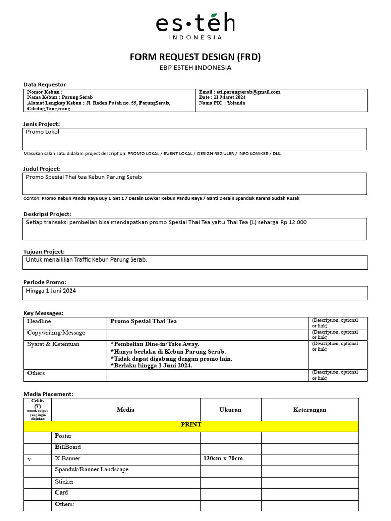 FORM REQUEST DESIGN EBP (Promo Spesial ThaiTea Mar-Jun 24) | PDF