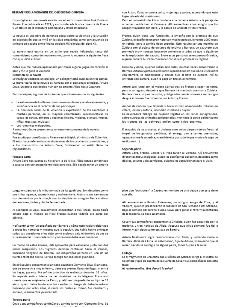 Resumen La Vorágine José Eustasio Rivera | PDF | Novelas
