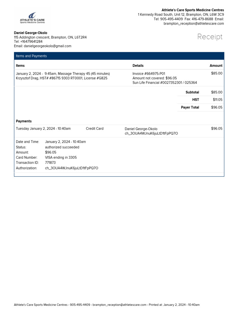 Athlete's Care Massage Therapy Receipt | PDF