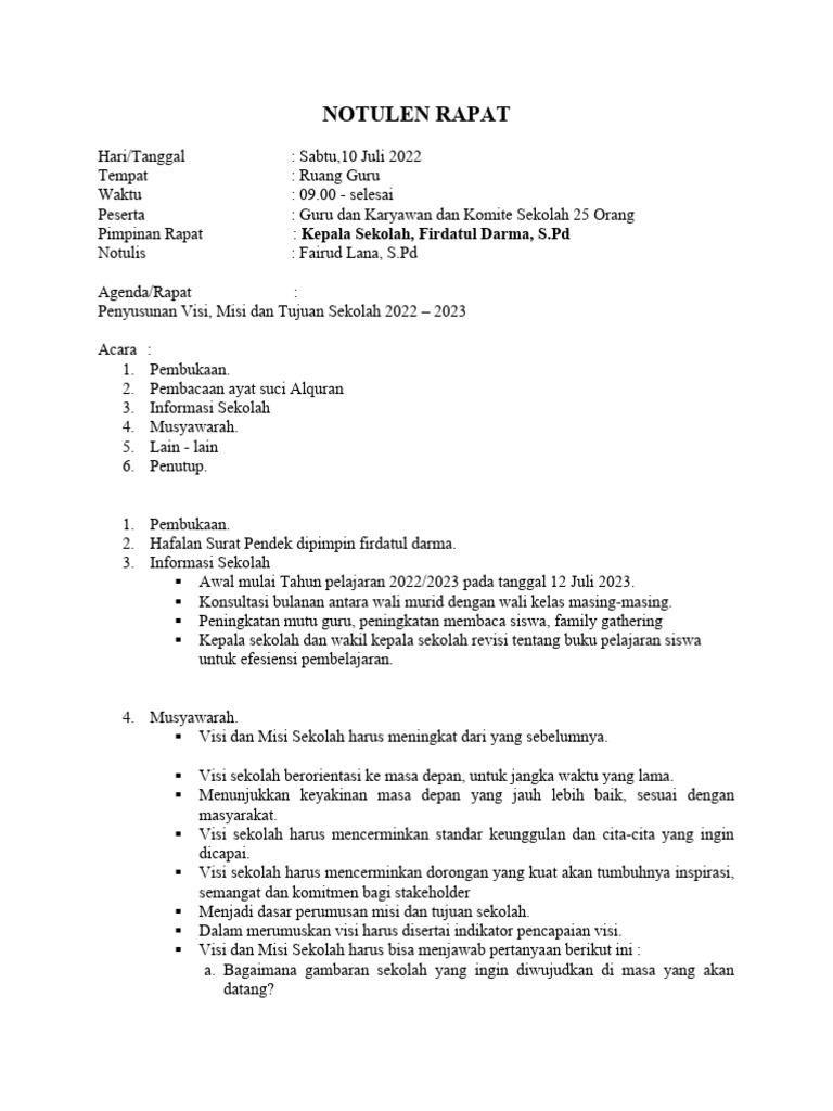 Notulen Rapat Visi Misi Sekolah 2022-2023 | PDF | Bisnis | Seni