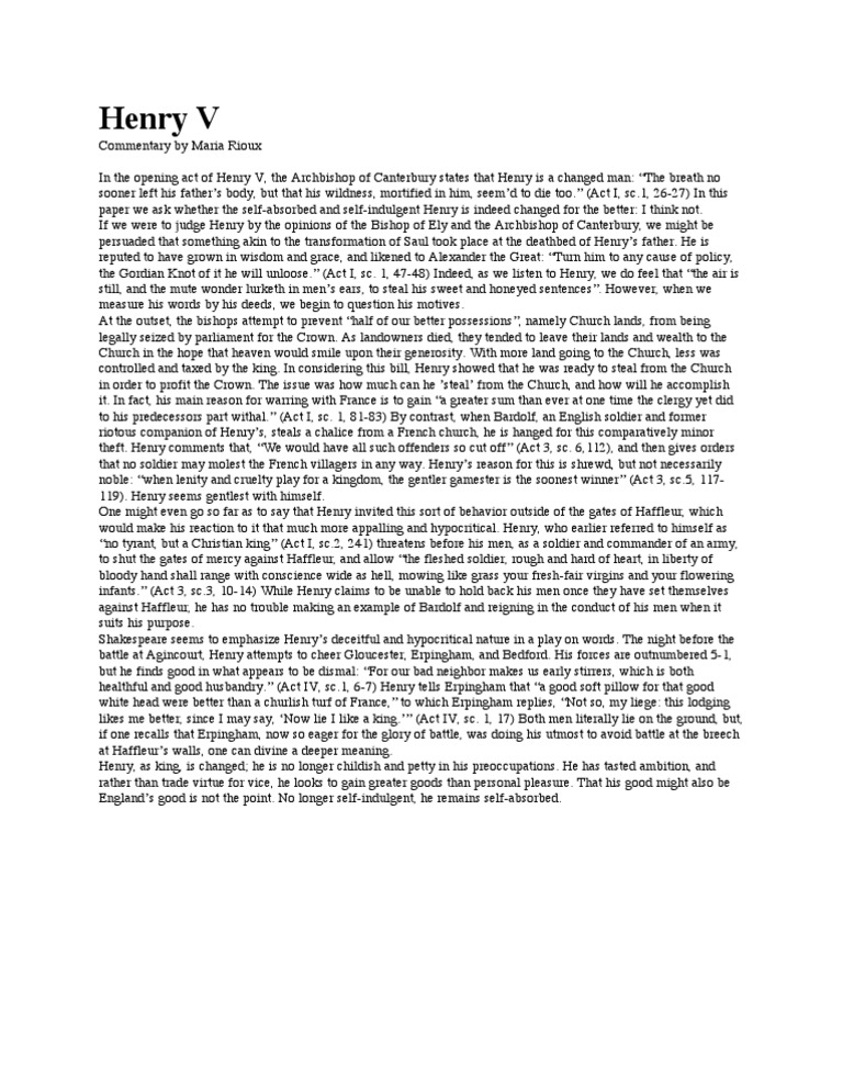 Henry V by Shakespeare, Commentary by Maria Rioux | PDF
