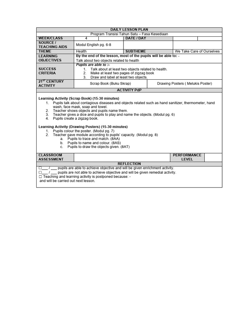Daily Lesson Plan English Transisi M4 | Download Free PDF | Lesson Plan ...