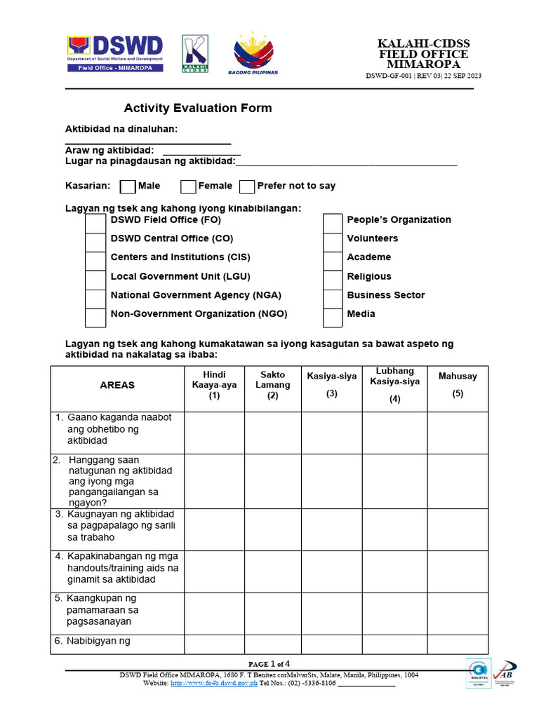 ACTIVITY EVALUATION FORM | PDF
