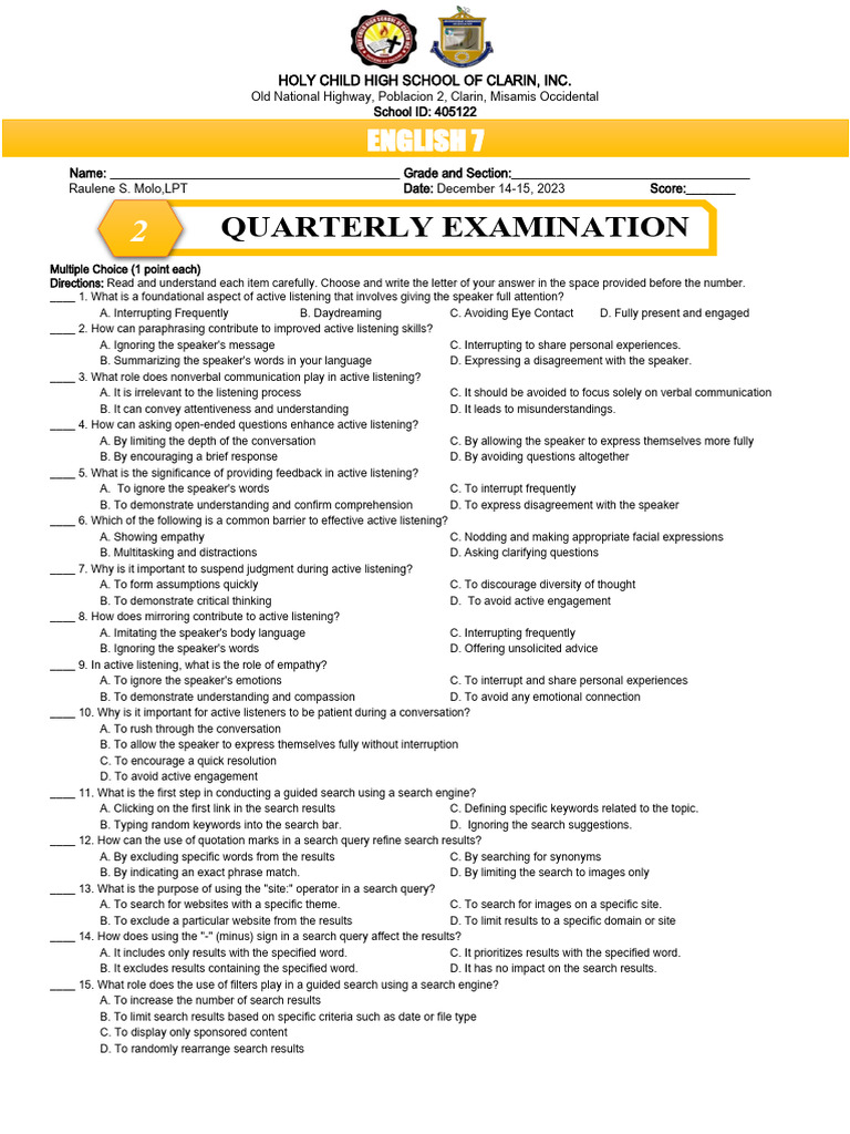 Grade 7 Exam @2nd Quarter | PDF | Information | Human Communication