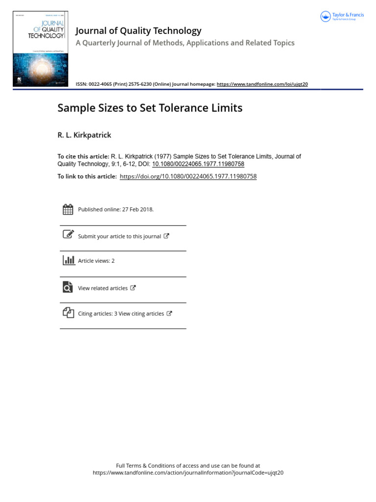 1977 - Sample Size To Set Tolerance Interval | PDF | Confidence Interval | Engineering Tolerance