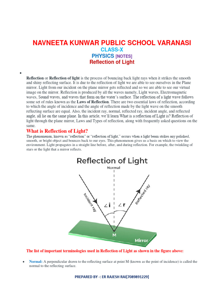 Class 10 Physics: Light Reflection | PDF | Reflection (Physics) | Mirror