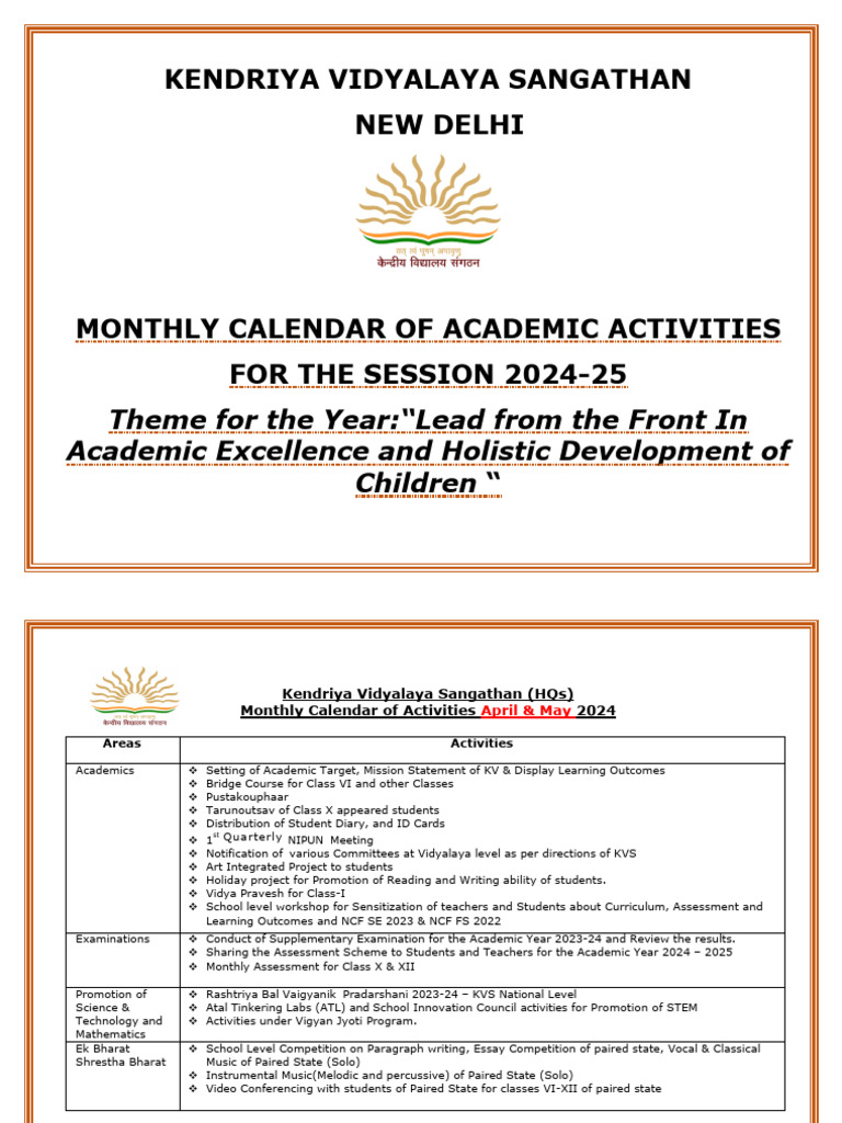 Month Wise Academic Calendar Activities 2024-25 | PDF