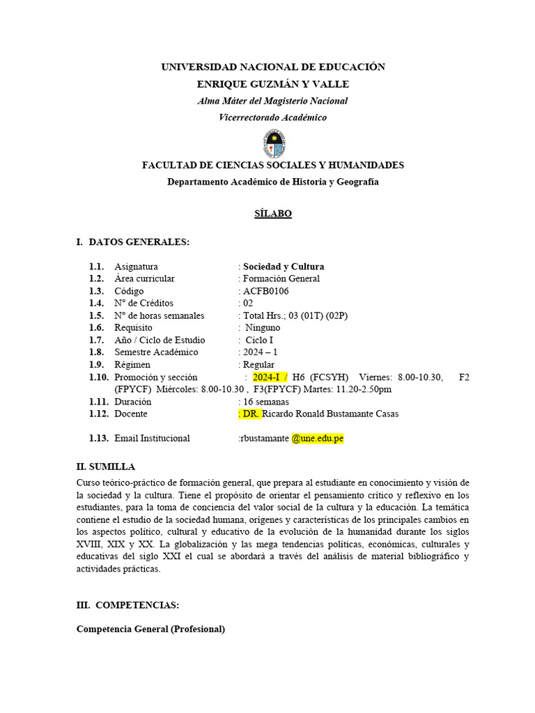 Sílabo SOCIEDAD Y CULTURA 2023 - I MODIFICADO (7) POR COMPETENCIAS. ENV. (2) (3) ÙLTIM HOY | PDF ...