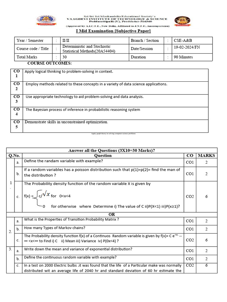 DSSM - Mid - I Question Paper 19-02-2024 | PDF | Probability ...