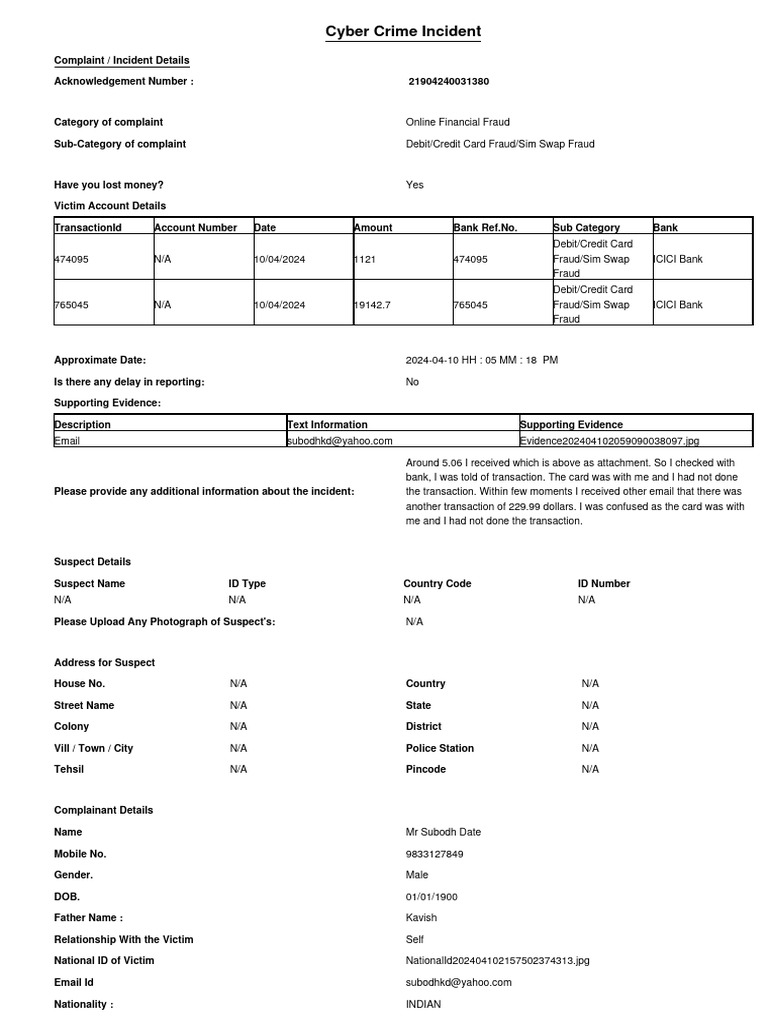 Complaint Detail 21904240031380 | PDF | Debit Card | Fraud