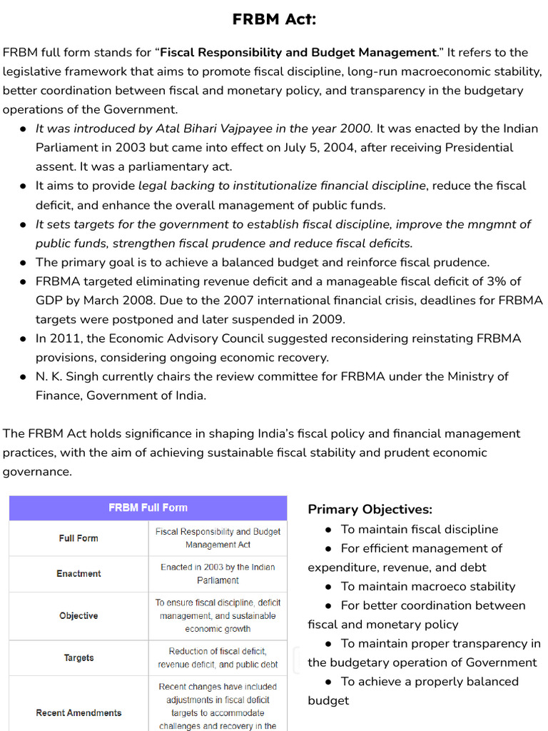 FRBM Act | PDF | Fiscal Policy | Government Budget Balance