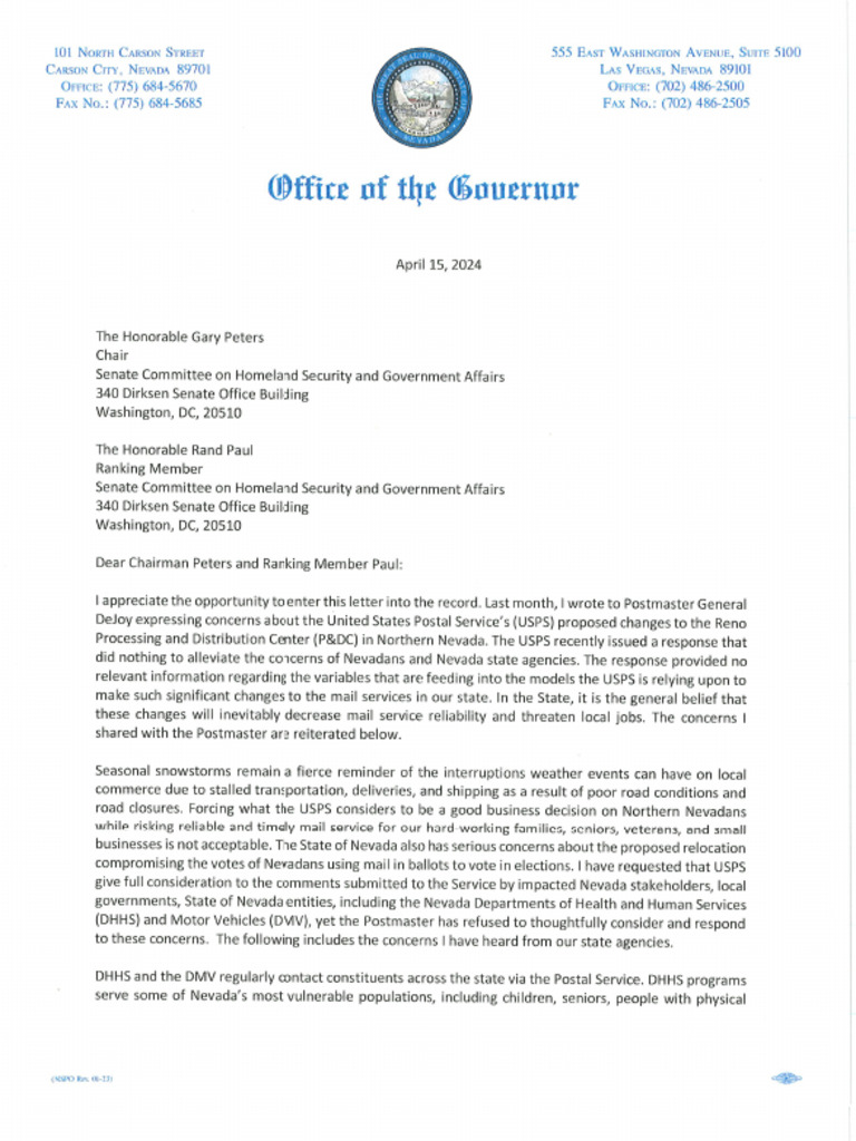 Governor Lombardo USPS letter | PDF