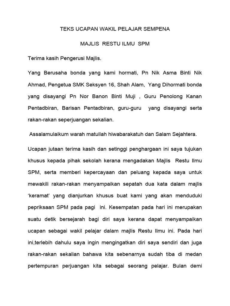 Ucapan Wakil Pelajar Majlis Restu Ilmu | PDF | Kesehatan Holistik