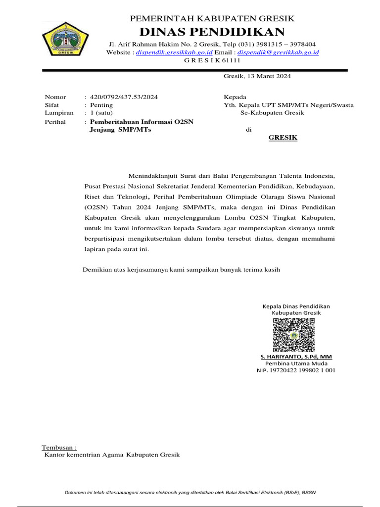 SURAT PEMBERITAHUAN LOMBA O2SN 2024 | PDF