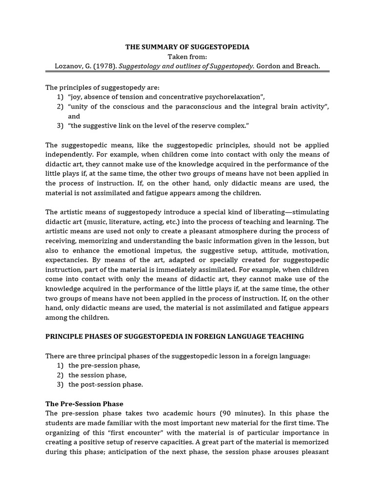 Overview of Suggestopedia Principles | PDF | Learning | Storytelling