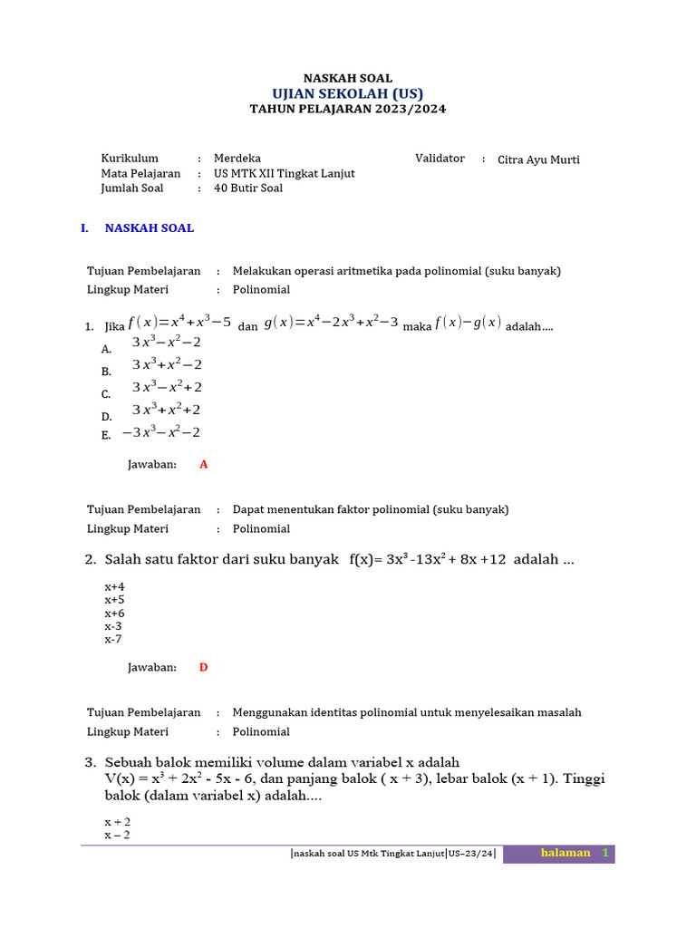 3. Template Naskah Soal US MTK XII tingkat Lanjut 2024 edit | PDF