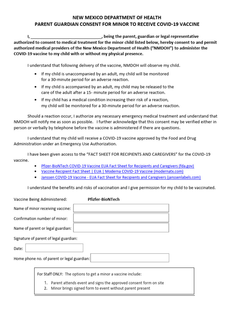 NMDOH Parental Consent Form For COVID-19 Administration 04162021 | PDF ...