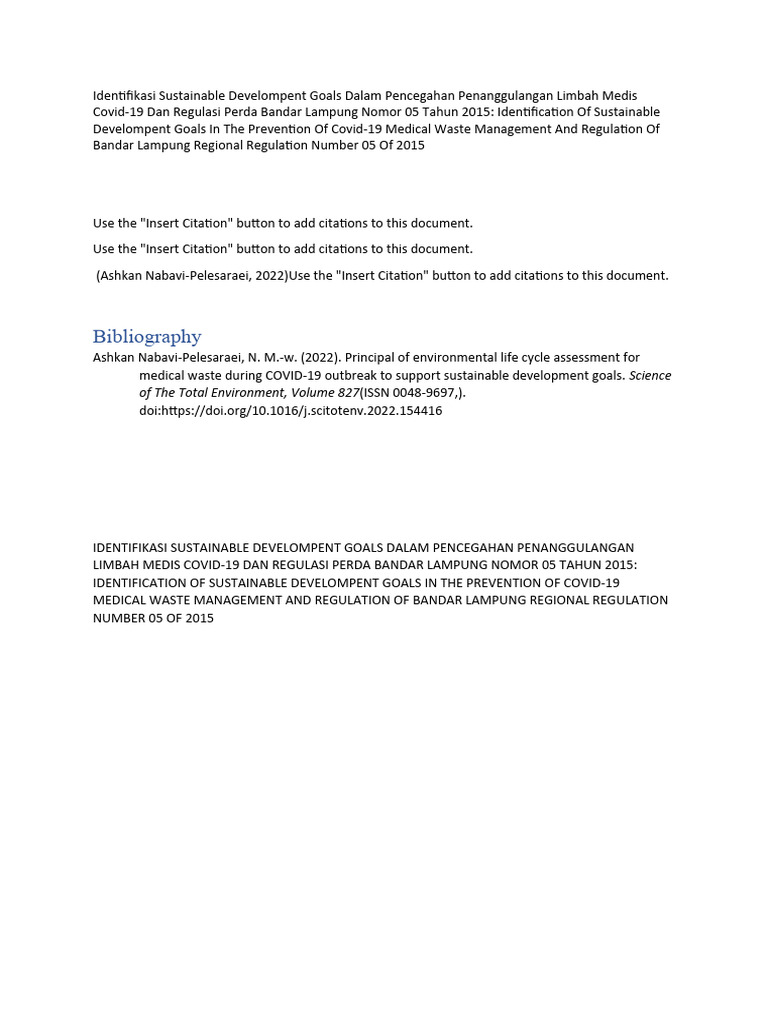 Identifikasi Sustainable Develompent Goals Dalam Pencegahan Penanggulangan Limbah Medis Covid | PDF
