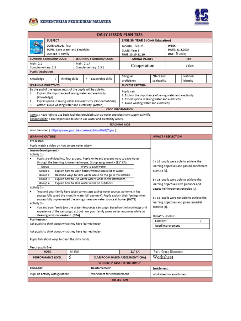 Bi Y5 LP Ts25 - Week 1 Day 1 (Example) | PDF | Lesson Plan | Learning
