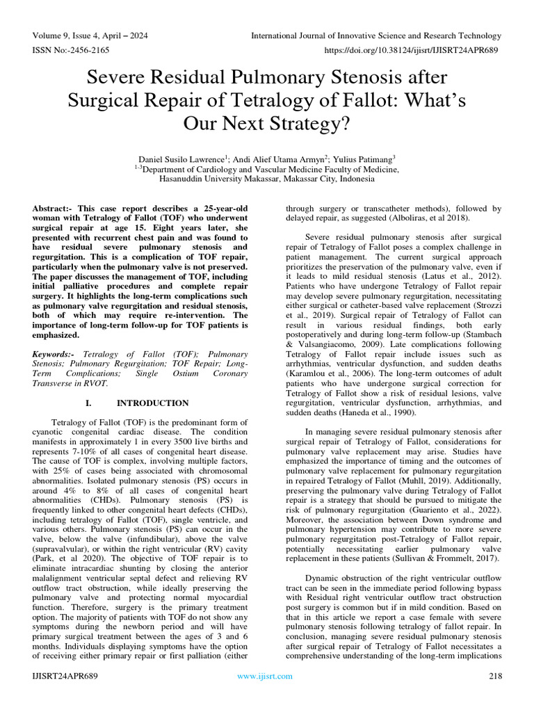 Severe Residual Pulmonary Stenosis after Surgical Repair of Tetralogy of Fallot: What’s Our Next ...
