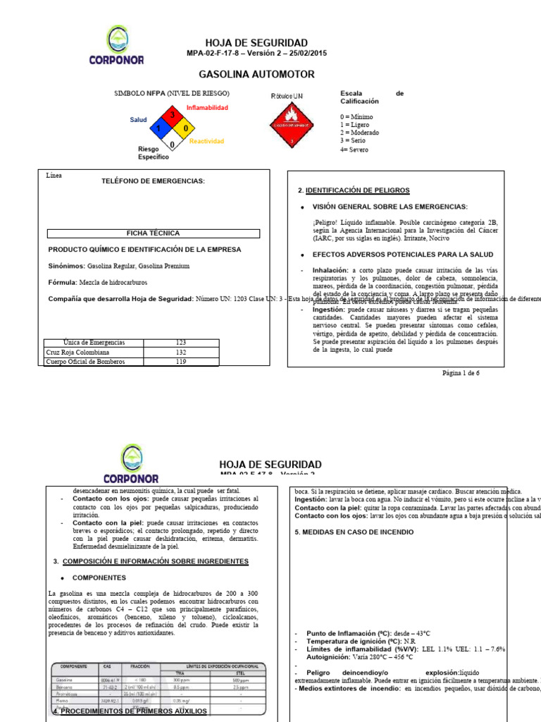 hojas de seguridad | PDF | Agua | Combustión